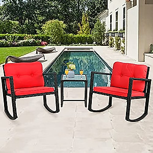 FDW 3 Piece Wicker Patio Furniture Sets Rocking Chair Outdoor Bistro Set Patio Set Rattan Chair Conversation Set with Porch Chairs and Coffee Table,Red