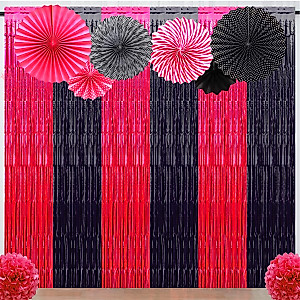 Hot Pink Backdrop Curtain, Black and Hot Pink Birthday Decorations Hot Pink Black Backdrop Wall Streamers for Graduation Girls Women Wedding Bridal Baby Shower Bachelorette Party Decorations (3 Pack)