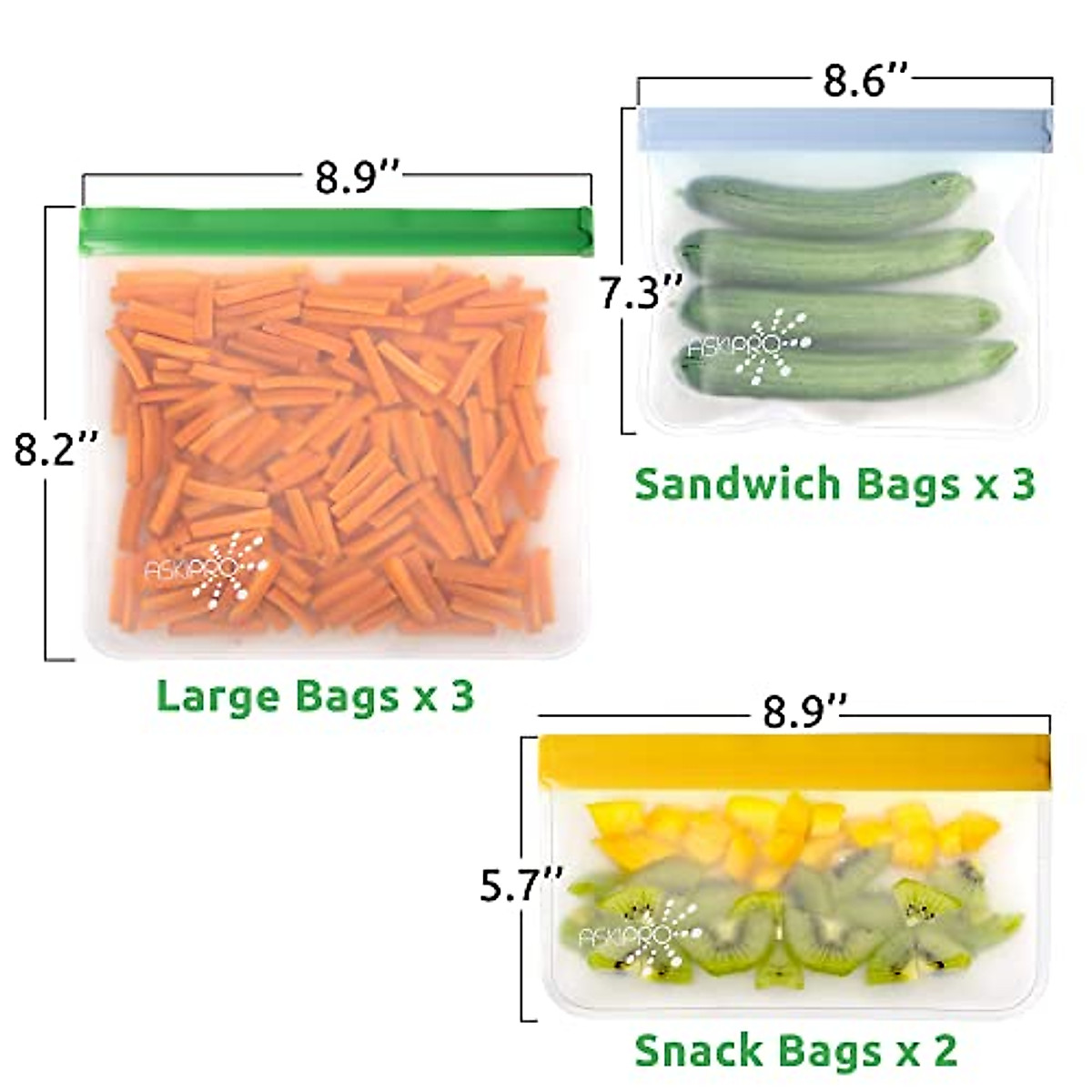 Aski Pro 8 Count Reusable Silicone Sandwich and Snack Bags with Bonus Towel, Pen and Labels-Leakproof, Washable and Eco-Friendly with Dual Ziplock Tops- Available in 3 Different Sizes