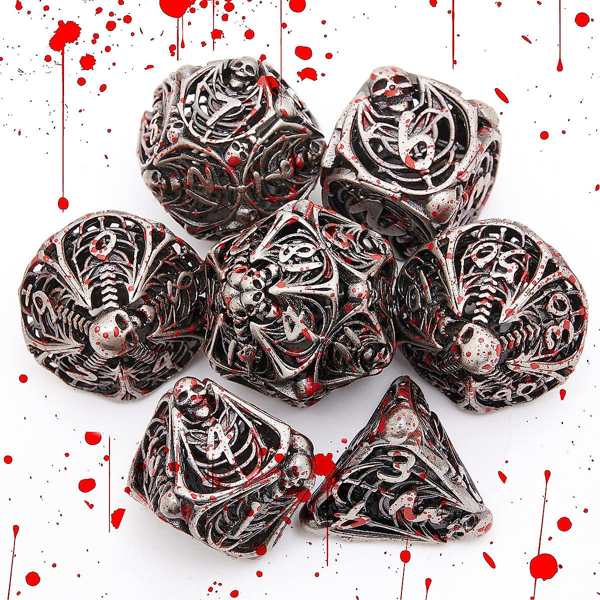 qile DND Hollow Metal dice Skeleton bloodstain 7-Piece Set, Suitable for Dungeon and Dragon RPG Board Games, D &D Pathfinder and Teaching, etc。