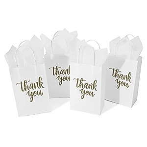 DjinnGlory 50 Pack Small White Thank You Paper Gift Bags with Handles and 24 Sheets Tissue Paper for Small Business, Shopping, Wedding, Baby Shower, Party Favors (Small 9''x5.5''x3.15'', White)