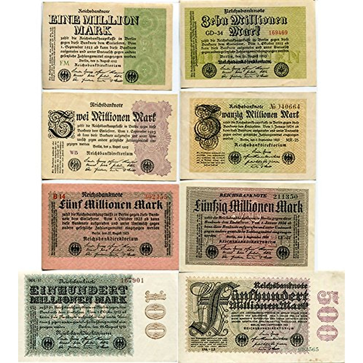 DE 1923 HYGRADE HYPERINFLATION COLLECTION!! RARE ORIG COLORFUL 1, 2, 5, 10, 20, 50, 100 & 500 MILLION MARK BILLS! Vry Fine Plus to Uncirculated
