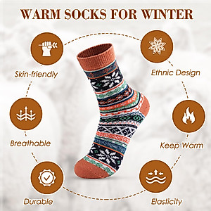 coclothy Women's 5 Pairs Thick Wool Socks, Argyle, Free Size, Cold Weather, Knit, Comfortable, Crew Length, Hiking, Socks