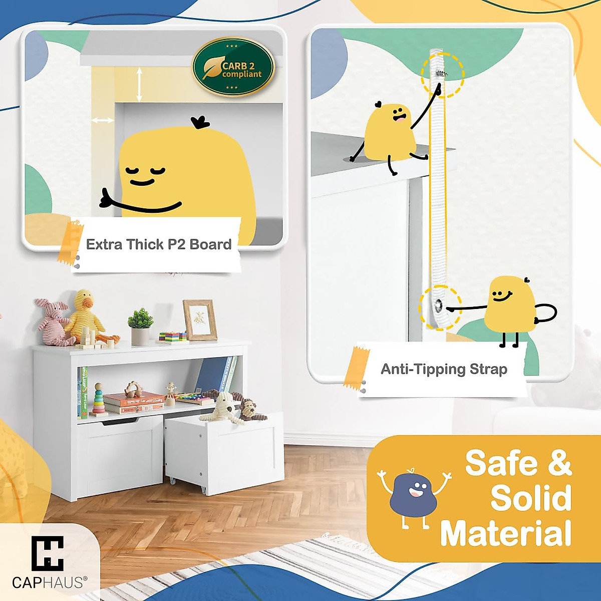 CAPHAUS Toy Storage Organizer with 2 Wheeled Drawers, White, Playroom Organization and Storage, Floor Toy Box with Wheels and Shelf, for Kids, Boys and Girls, Nursery, Playroom and Bedroom