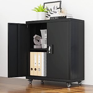 LUCYPAL Metal Storage Cabinet with Wheels,Lockable Steel Storage Cabinet with Doors, Mobile Metal Storage Cabinet with Adjustable Shelf, Metal Filing Cabinet for Home Office,Garage,Black