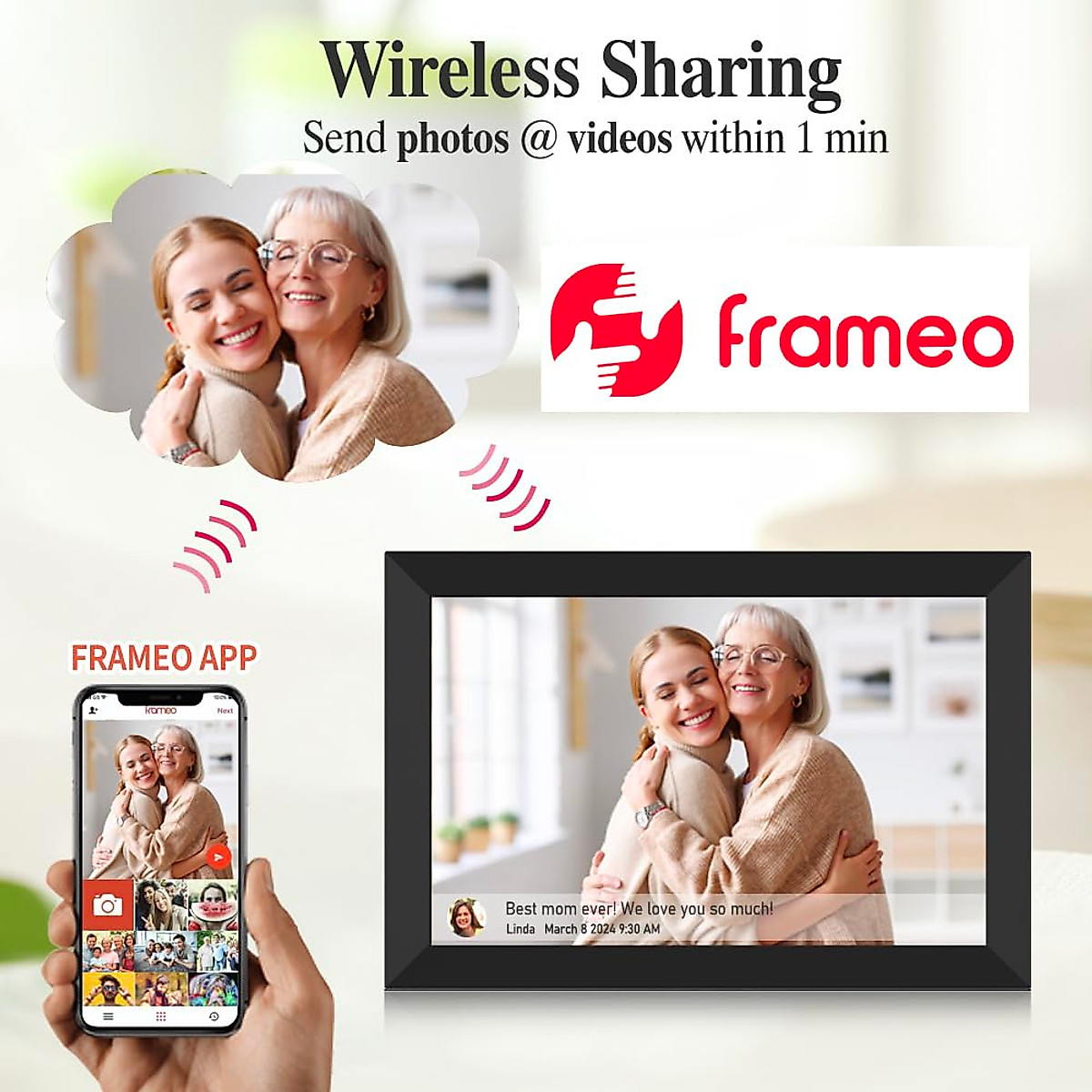 Digital Picture Frames Load from Phone Frameo 10.1 Inch Smart WiFi Digital Photo Frame, 1280x800 IPS LCD Touch Screen, Share Pics & Videos Instantly, for Your Loved Ones (32GB)…