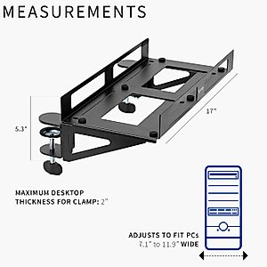 VIVO Clamp-on Desk Extender PC Desk Mount Holder with Wall Mount Option, Standard and Large Gaming Computer Case Stand, Adjustable with Secure Locking, Black, MOUNT-PC07G