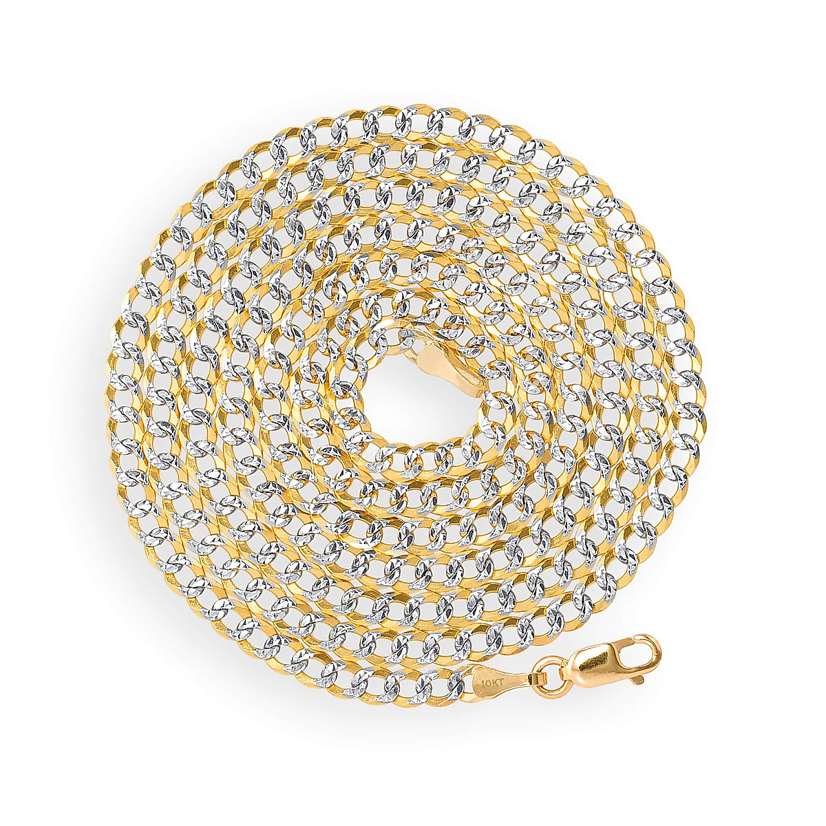 Nuragold 10k Yellow Gold Solid 3mm Cuban Chain Curb Link Diamond Cut Pave Two Tone Pendant Necklace, Mens Womens Jewelry 16" 18" 20" 22" 24" 26" 28" 30"