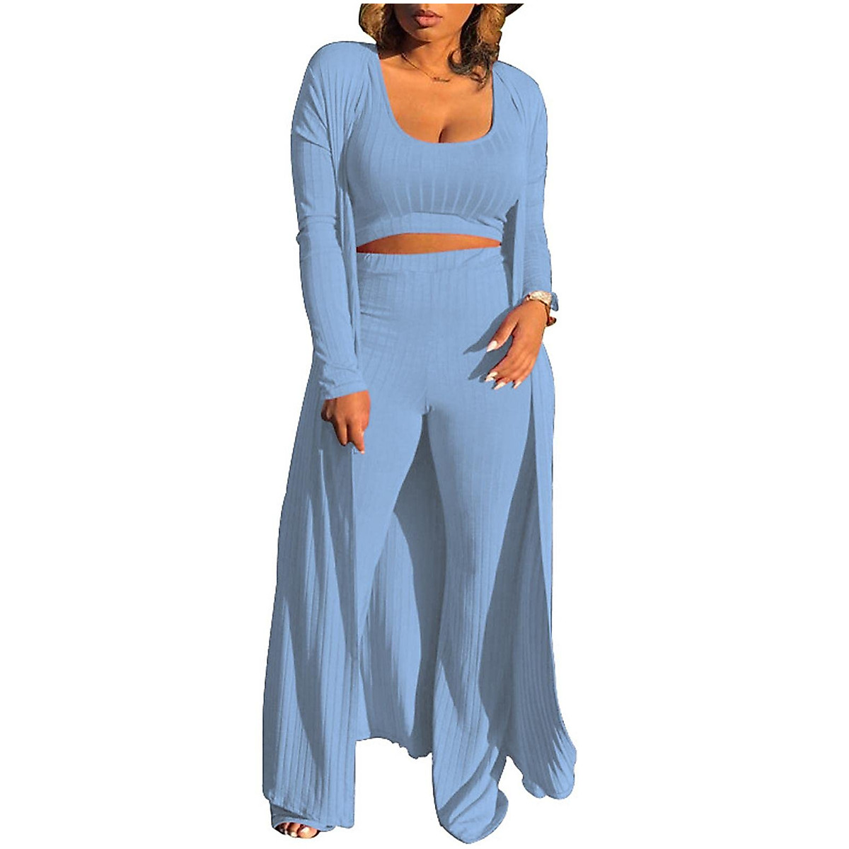 HANMAX Women's Tracksuit Winter Autumn Knitted Long-sleeved Blazer Coat Tank Long Pants Three Piece Sets Outfit