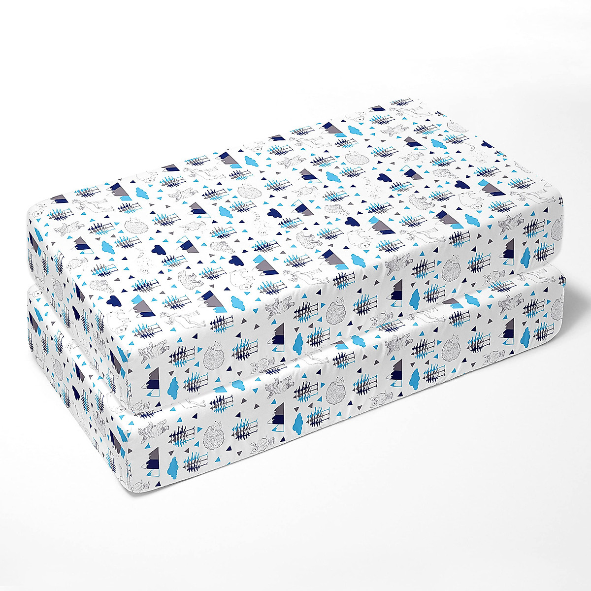 Bacati - 2 Pack Woodlands Bears Bison Owls Printed Boys 100% Cotton Universal Baby US Standard Crib or Toddler Bed Fitted Sheets (Aqua/Navy/Grey)