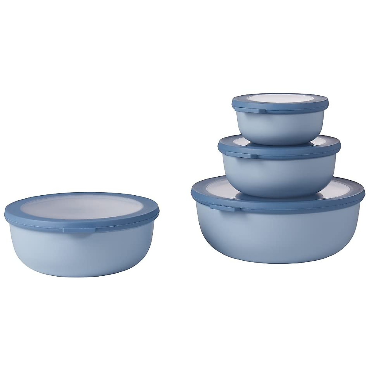 Mepal Cirqula Set of 4 Multi Food Storage and Serving Bowls with Lids, Food Prep Containers, Shallow, Nordic Blue, 1 each (350ml|12oz), (750ml|25oz), (1250ml|42oz), (2250ml|76 oz), 1 Set