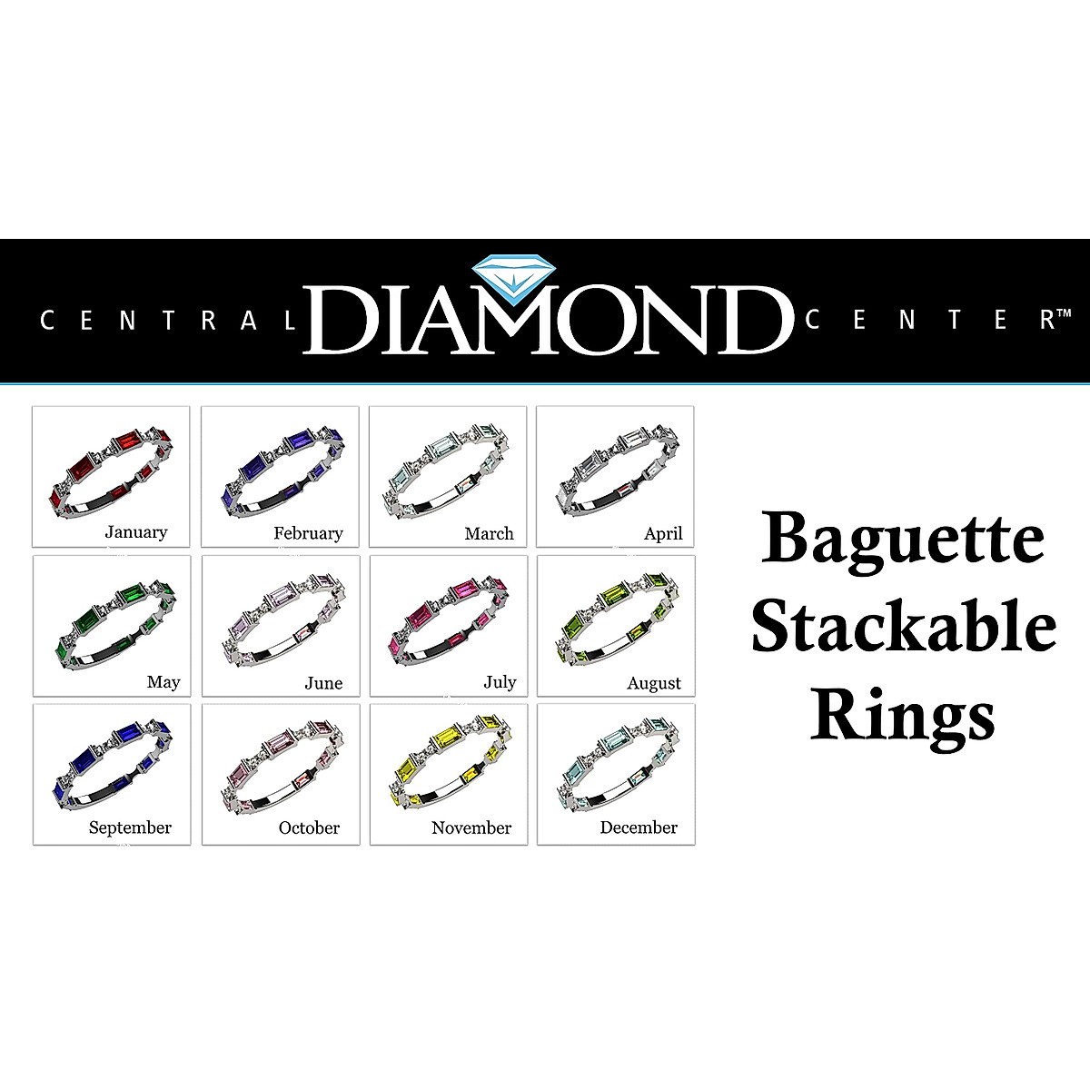 Central Diamond Center Stackable Ring Baguette Cut Platinum Plated Silver - Size 6 - Simulated Sapphire - Sept. Birthstone