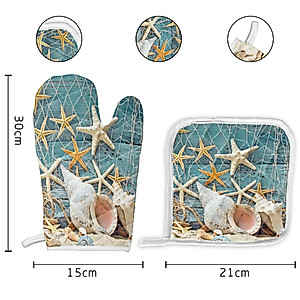 Set of Oven Mitt and Pot Holder, Beach Coastal Starfish Seashel Oven Gloves Heat Resistance Non-Slip Surface for Kitchen BBQ Cooking Baking Grilling, Blue Accent