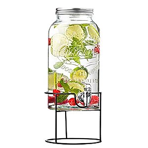 Royalty Art Mason Jar Glass Drink Dispenser for Parties, Holidays, and Events with Wide-Mouth Top and Easy Pour Spigot, Serve Cold Tea, Water, and Lemonade, 1 Gallon (With Stand)