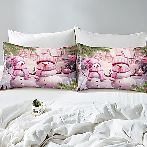 Manfei Cute Snowman Bedding Set for Kids Girls Girly Pink Scarf Comforter Cover Winter Style Snow Duvet Cover Kids Girls Room Decor Happy New Year Bedspread Cover Queen Bedding Collection 3Pcs
