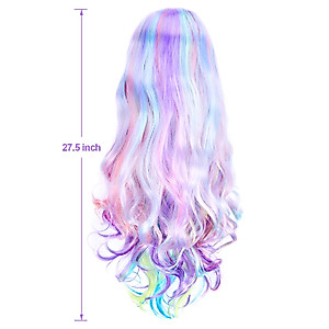 AGPTEK Full Long Curly Wavy Rainbow Hair Wig, Heat Resistant Wig for Music Festival, Theme Parties, Wedding, Concerts, Dating, Cosplay & More