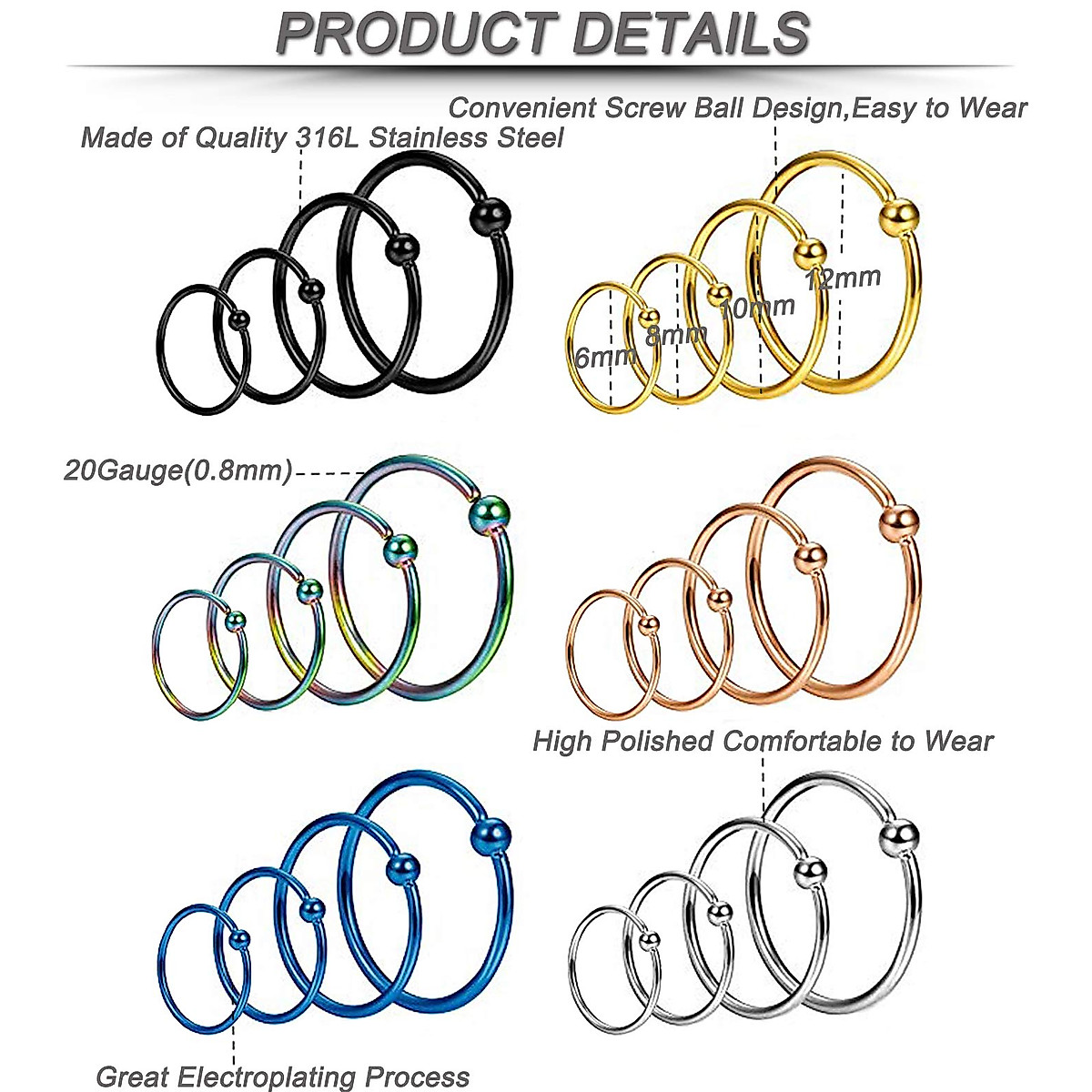 YOVORO 24PCS 20G Stainless Steel Nose Rings Hoop Cartilage Helix Ear Piercing Tragus Body Jewelry