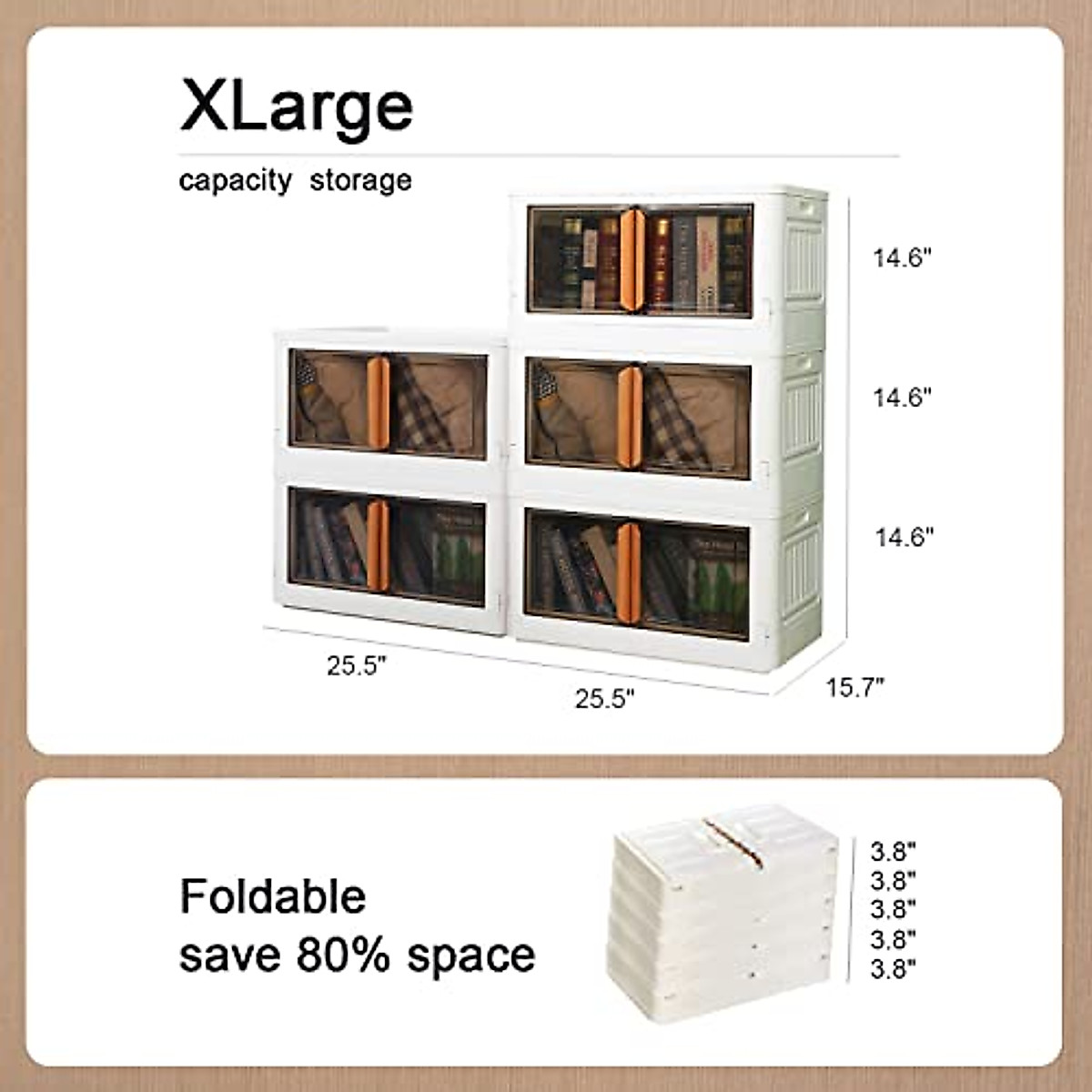 Storage Bins with Lids - 5 Packs Collapsible Storage Bins with Wheels 20 Gal Stackable Plastic Storage Bin Organizer with Double Doors & Secure Buckle, X-Large Storage Containers for Home Organizing Clothes, Clear Tan Color Door(80 Quart/20 Gal)