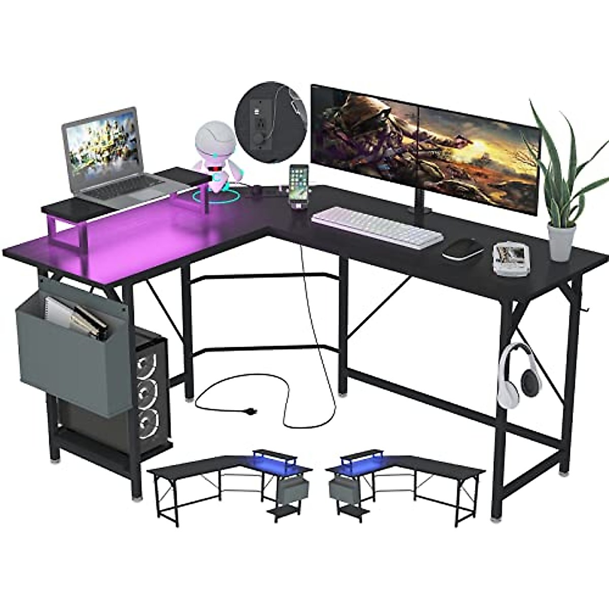 SZXKT Gaming Desk with Monitor Stand and Power Outlets,l Shaped Desk with Storage and LED Lights,Home Office Reversible Corner Computer Desk with Hooks (Black)