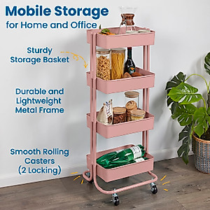 ECR4Kids 4-Tier Metal Rolling Utility Cart, Multipurpose Storage, Pink