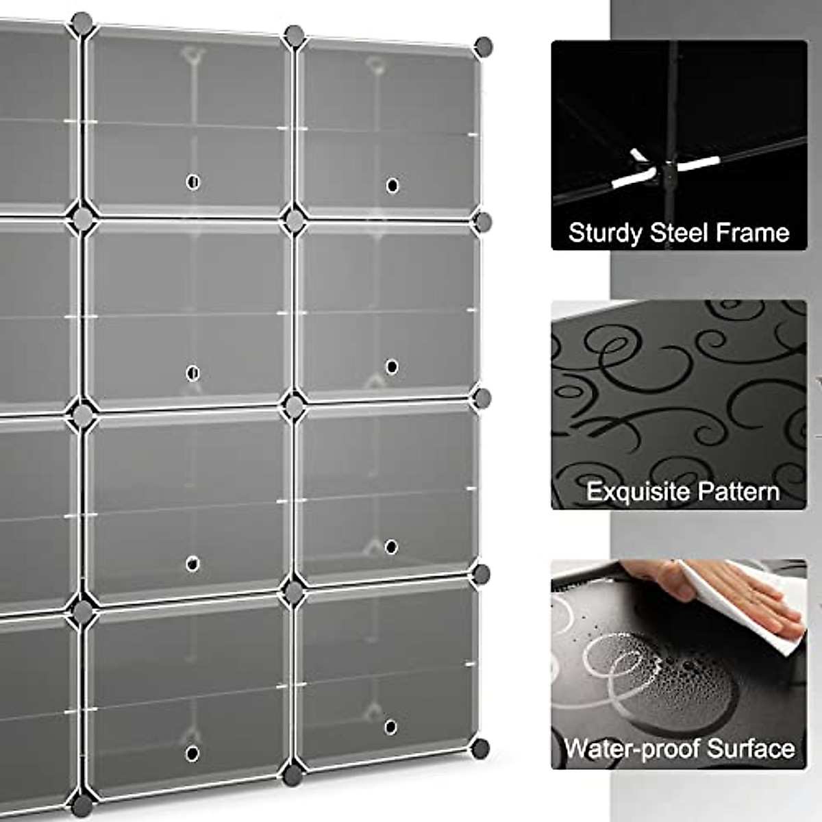Safstar 48 Pairs 12 Cube Shoe Rack Organizer, Freestanding Shoe Storage Cabinets with Side Hanging Hook, Expandable Cube for Heels & Boots, Space Saver Shoe Racks for Closet Entryway Bedroom Hallway