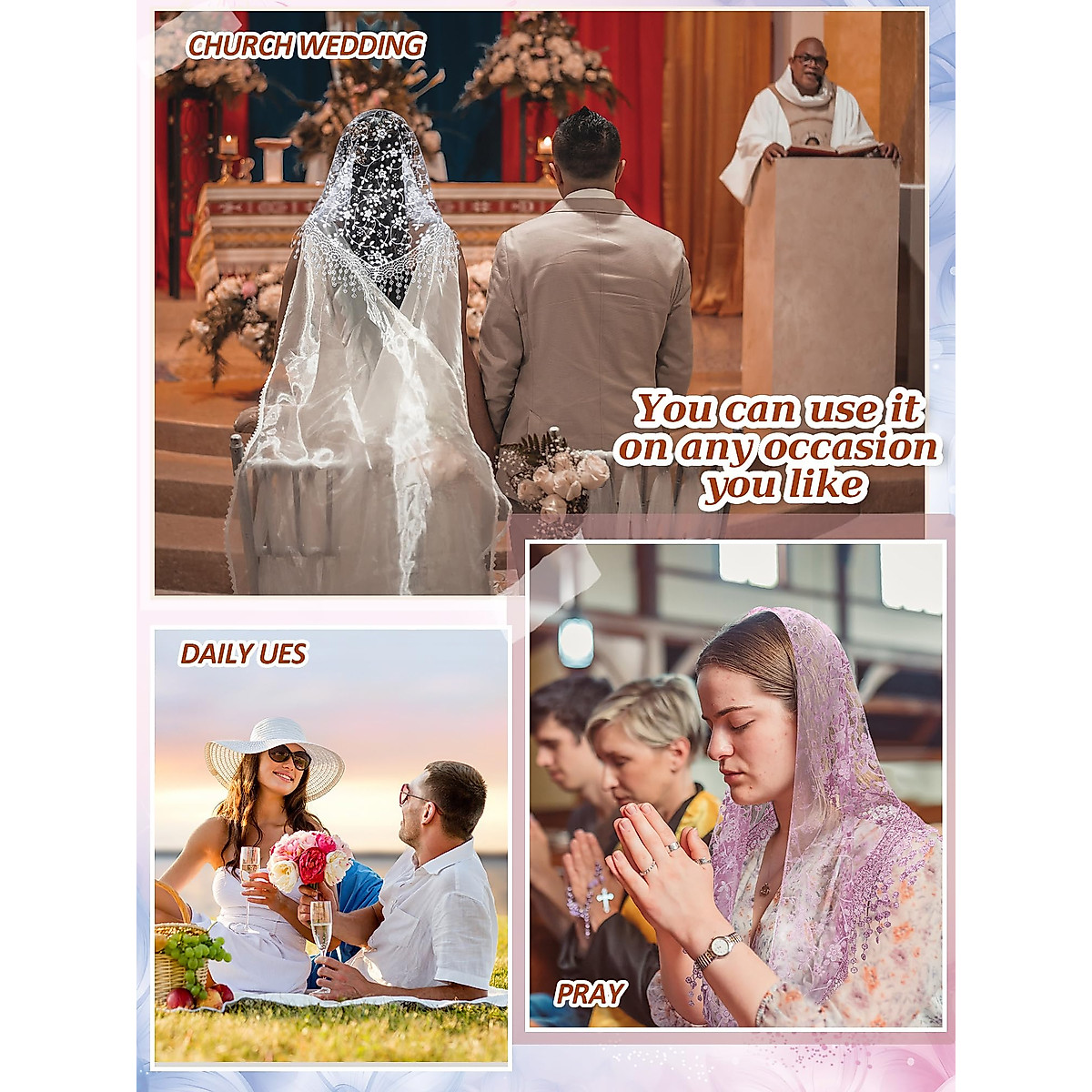 Zhanmai 12 Pcs Veils for Church Catholic Mass Veils for Women Catholic Lace Triangle Lace Mantilla Floral Tulle Scarf Covering (Vibrant Color)