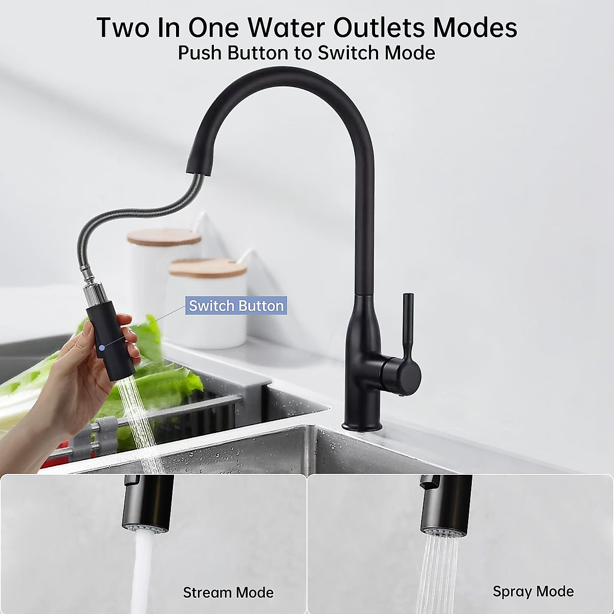 KUKKUME Kitchen Faucets with Pull Down Sprayer, Single Handle Kitchen Sink Faucet Modern Staninless Steel Kitchen Faucet Matte Black