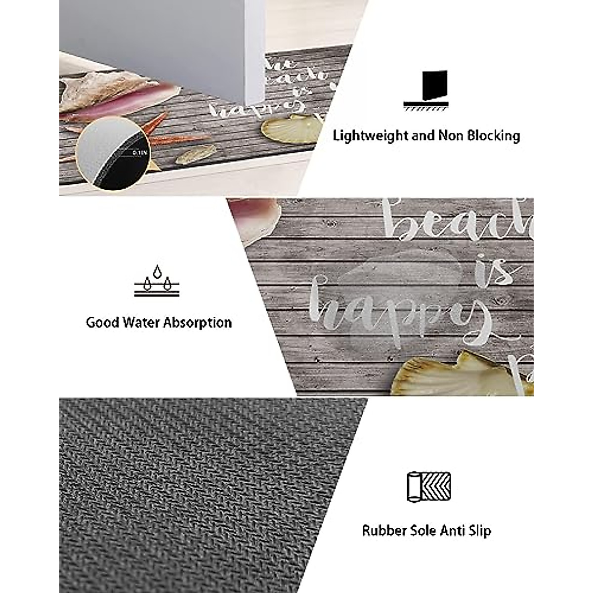 Gogobebe Super Absorbent Diatom Mud Mat Starfish Shell Conch on Vintage Wooden Planks Quick-Drying Thin Bath Mat Non-Slip Bathtub Mat Anti-Skid Rubber Bathroom Shower Mat 16x24in