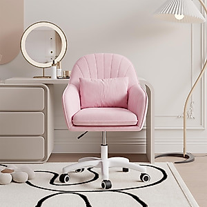 Nalupatio Home Office Chair,Swivel Height Adjustable Upholstered Velvet Computer Task Chair, Vanity Makeup Chair with Wheel&Pillow,Mid-Back Modern Accent Chair for Bedroom Reading Room,Light Pink