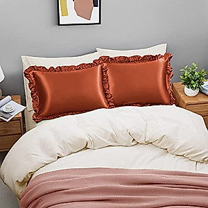 SiinvdaBZX Ruffled Queen Satin Pillowcase Set of 2, Burnt Orange Silky Satin Pillow Cases for Women Ruffle Pillow Shams Covers Princess Room Decoration, with Envelope Closure