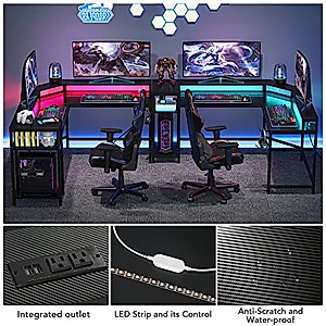 LITTLE TREE L Shaped Gaming Desk: Computer Desk with Power Outlet & LED Stripe, Modern Coner L Desk with Storage Shelves for Home Office - Black