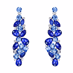 EVER FAITH Rhinestone Crystal Bridal Tear Drop Marquise Flower Cluster Dangle Earrings Blue Silver-Tone