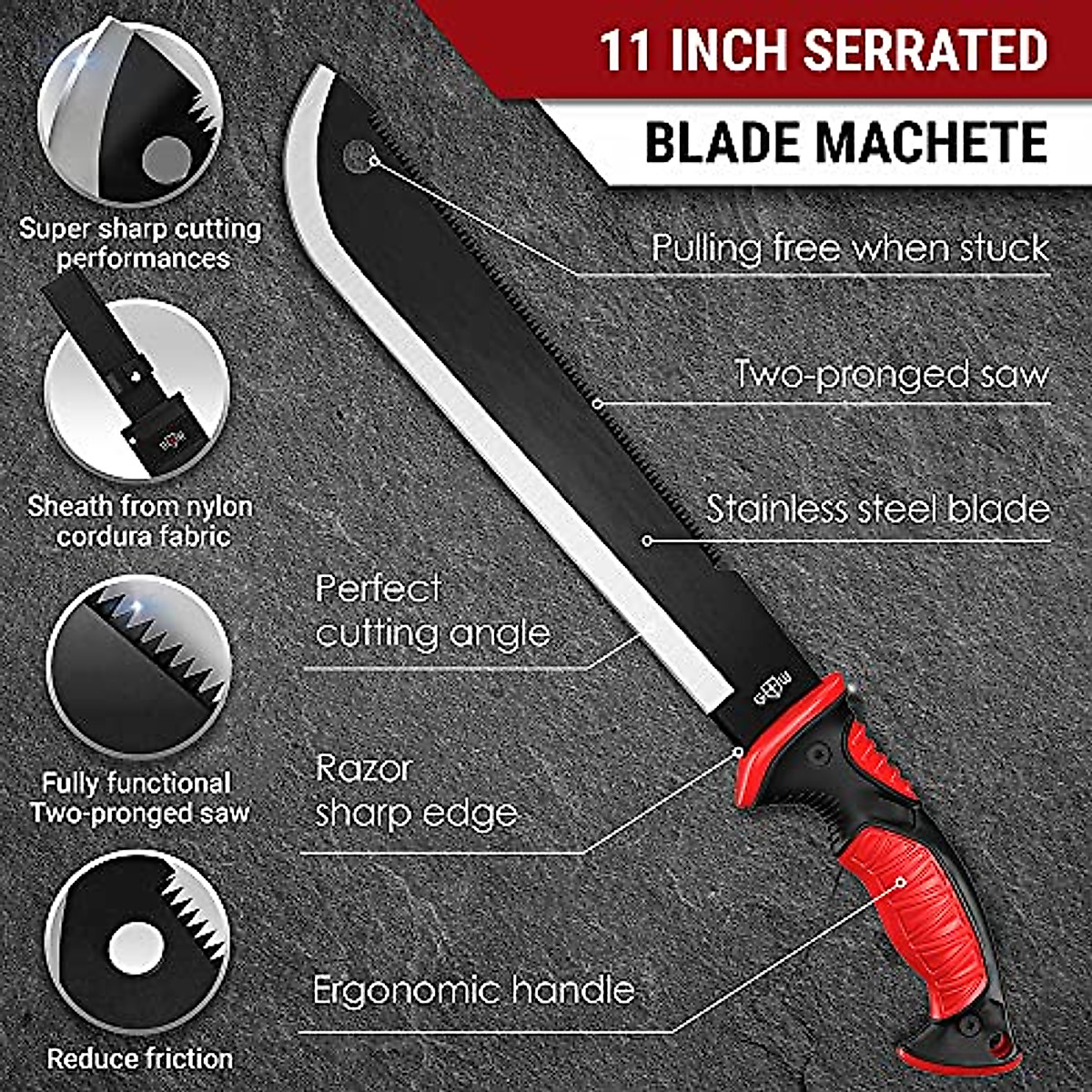 11 Inch Serrated Blade Machete with Nylon Sheath - Saw Blade Machetes with Non-Slip Rubber Handle - Best Brush Clearing Tool Grand Way 111084