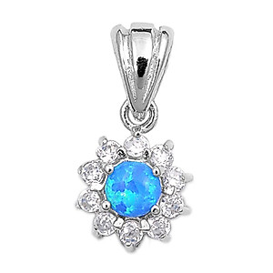 Sterling Silver Halo Sun Burst Round Pendant Light Blue Simulated Opal Charm