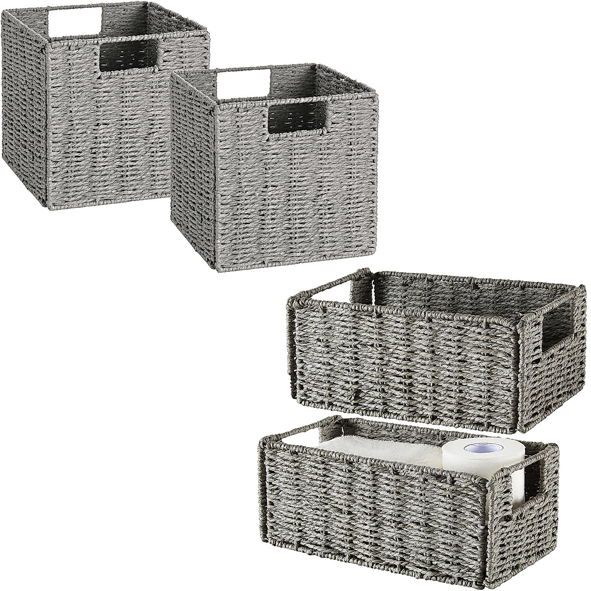 Vagusicc Wicker Baskets for Storage, Wicker Baskets for Shelves, Set of 4 Hand-Woven Round Paper Rope Storage Baskets Wicker Baskets for Organizing Storage Bins, Grey