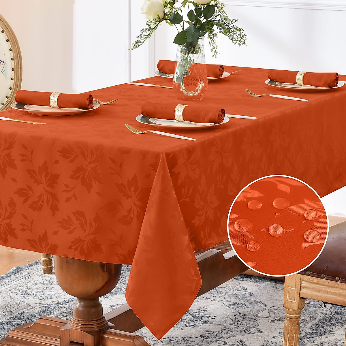 Romanstile Fall Jacquard Rectangle Tablecloth - Thanksgiving Harvest Waterproof Table Cloths Autumn Heavy Weight Fabric Table Covers for Dinner/Parties/Holiday - 52 x 70 Inch, Burnt Orange