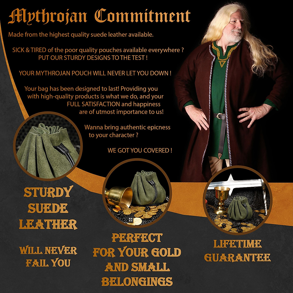 Mythrojan Medieval Jewelry Belt Pouch LARP Renaissance Waist Bag with Adjustable Strap, Suede Leather for Cosplay and Historical Reenactments - Dark Green