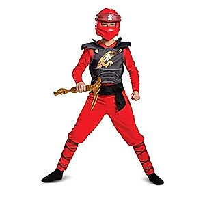 Disguise Kai Costume for Kids, Classic Lego Ninjago Legacy Themed Children's Character Jumpsuit, Child Size Large (10-12), Red & Black