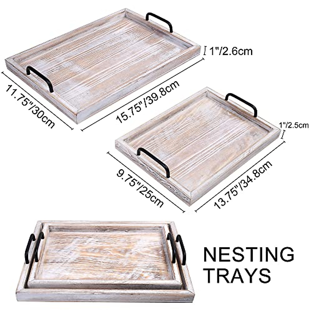 LotFancy Rustic Wood Serving Trays, Set of 2, Nesting Food Trays with Metal Handles, Decorative Charcuterie Board Platter for Ottoman, Coffee Table, Countertop Centerpiece