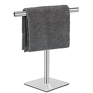 Hand Towel Holder, Stainless Steel Hand Towel Stand T-Shaped Silver Brushed Finish Freestanding Rack for Bathroom Kitchen Countertop with Square Base