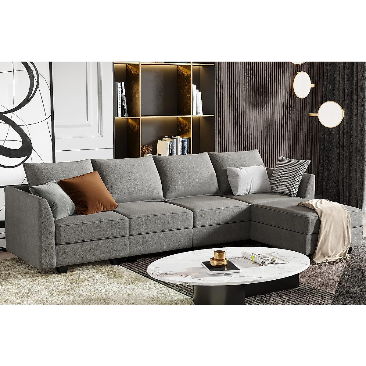HONBAY Convertible Sectional Couch with Reversible Chaise Modern L-Shape Sofa 4-Seat Couch Modular Sectional Sofa with Storage Seats, Grey