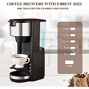 Single Serve Coffee Maker for K Cup & Ground Coffee, 6 to 14 OZ Brew Sizes, Small Coffee Maker with 30 OZ Water Reservior & Automatic Shut-Off Function, Adjustable Drip Tray