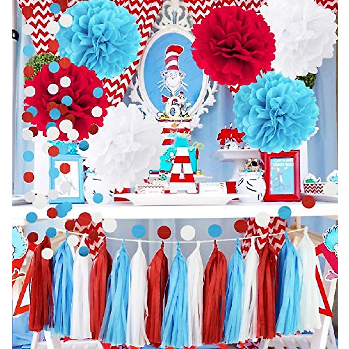 Dr Seuss Party Decorations Thing 1 and Thing 2 Birthday Party Decorations Cat in the Hat Birthday Party/Dr Seuss Baby Shower Decorations Turquoise White Red Tissue Pom Pom