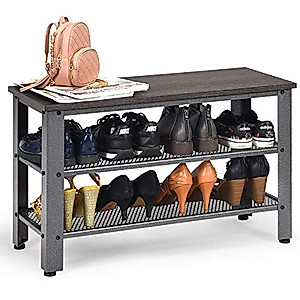 ADtest Industrial Bench, Entryway Rack with 2 Mesh Shelves, Shoe Storage Shelf Organizer, Sliver