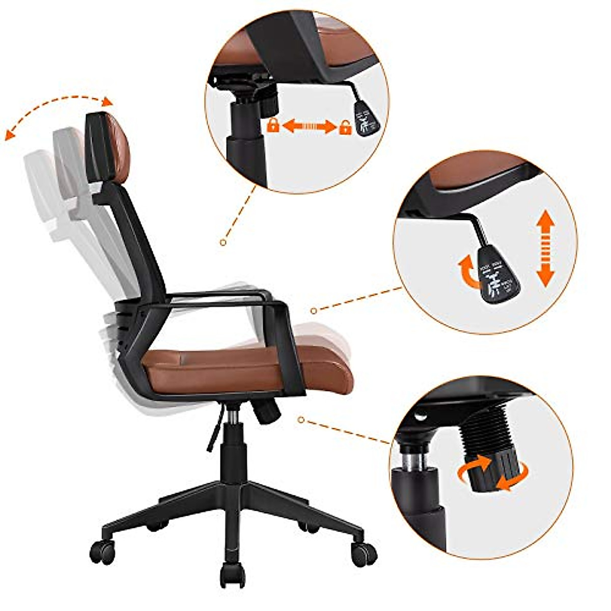 Yaheetech Mesh Leather Executive Chair with Lumbar Support, Office Chair Ergonomic Desk Chair High Back Mesh Computer Chair with Backrest and Headrest, Task Chair with Wheels for Women Adults, Brown