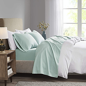 Madison Park 3M Microcell Bed Sheet Set Color Fast, Wrinkle and Stain Resistant, Soft Sheets with 16" Deep Pocket All Season, Cozy Bedding-Set, Matching Pillow Case, Queen, Seafoam, 4 Piece
