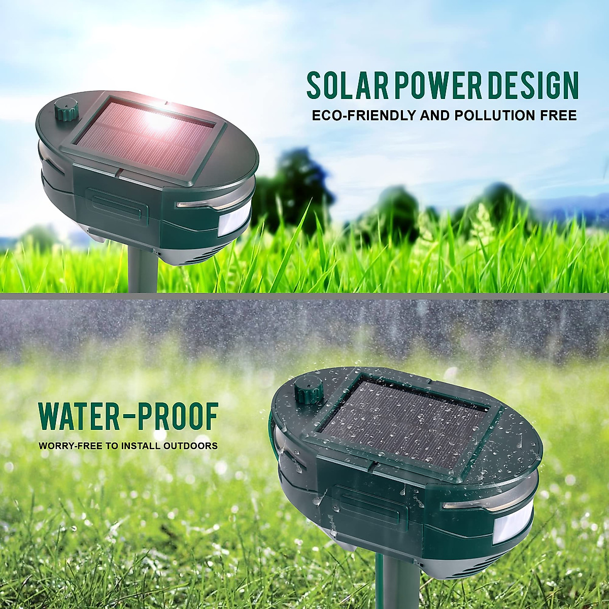 flyastar Solar Powered Animal Repeller Outdoor, Ultrasonic Repellent for Farm Yard Garden, Deterrent Devices Repel Cat, Dog, Squirrel, Raccoon, Skunk, Rabbit, Rodent, Fox, Deer, etc, Green, (AR-544)