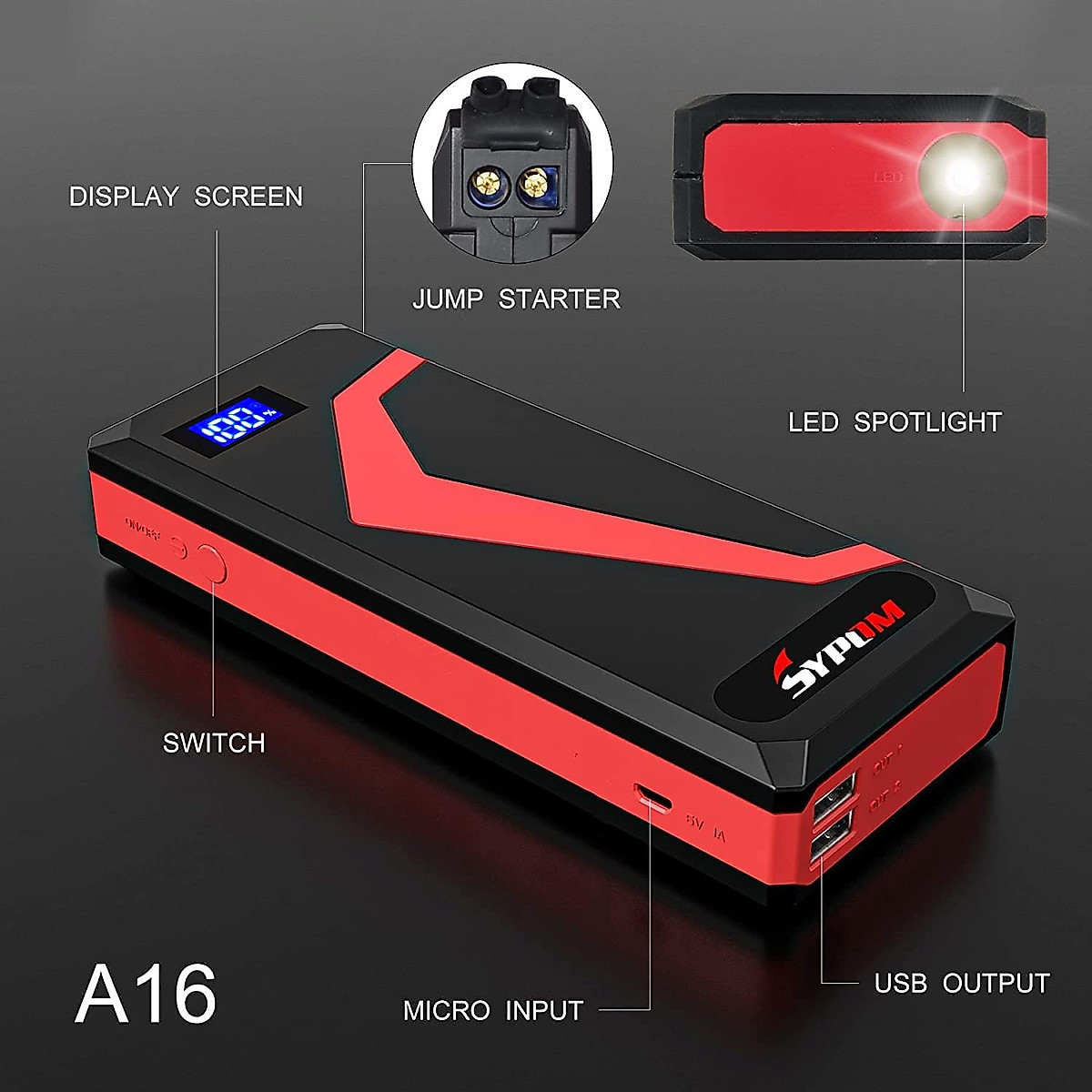 SYPOM 4150A Peak Jump Starter Battery Pack - 12V Jump Box for All Gas/Up to 12L Diesel - Dual USB Power Bank, Emergency Light (Red)