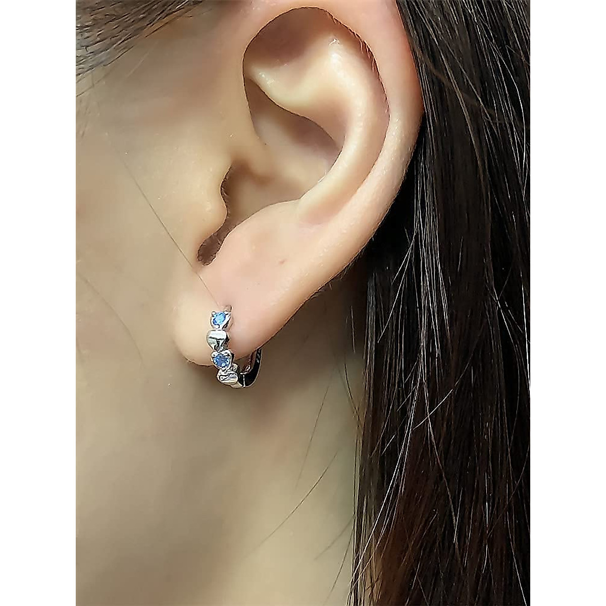 Double Love Heart Cubic Zirconia Sleeper Small Hoop Earrings for Women Teen Girls S925 Sterling Silver Cartilage Tiny Cute Huggie Hoops Hypoallergenic for Sensitive Ear Baby-Blue CZ