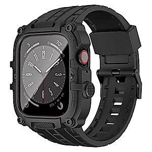 YALOCEA Compatible with Apple Watch Band 44mm with Case Built-in Screen Protector, Rugged Shockproof Strap Bumper Cover with Tempered Glass Screen Protector for iWatch Series 6/SE2/SE/5/4, Matte Black